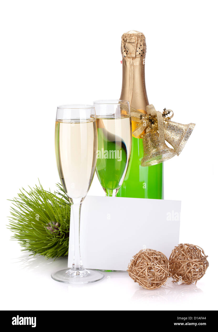 Champagne bottle, glasses and empty card. Isolated on white background ...