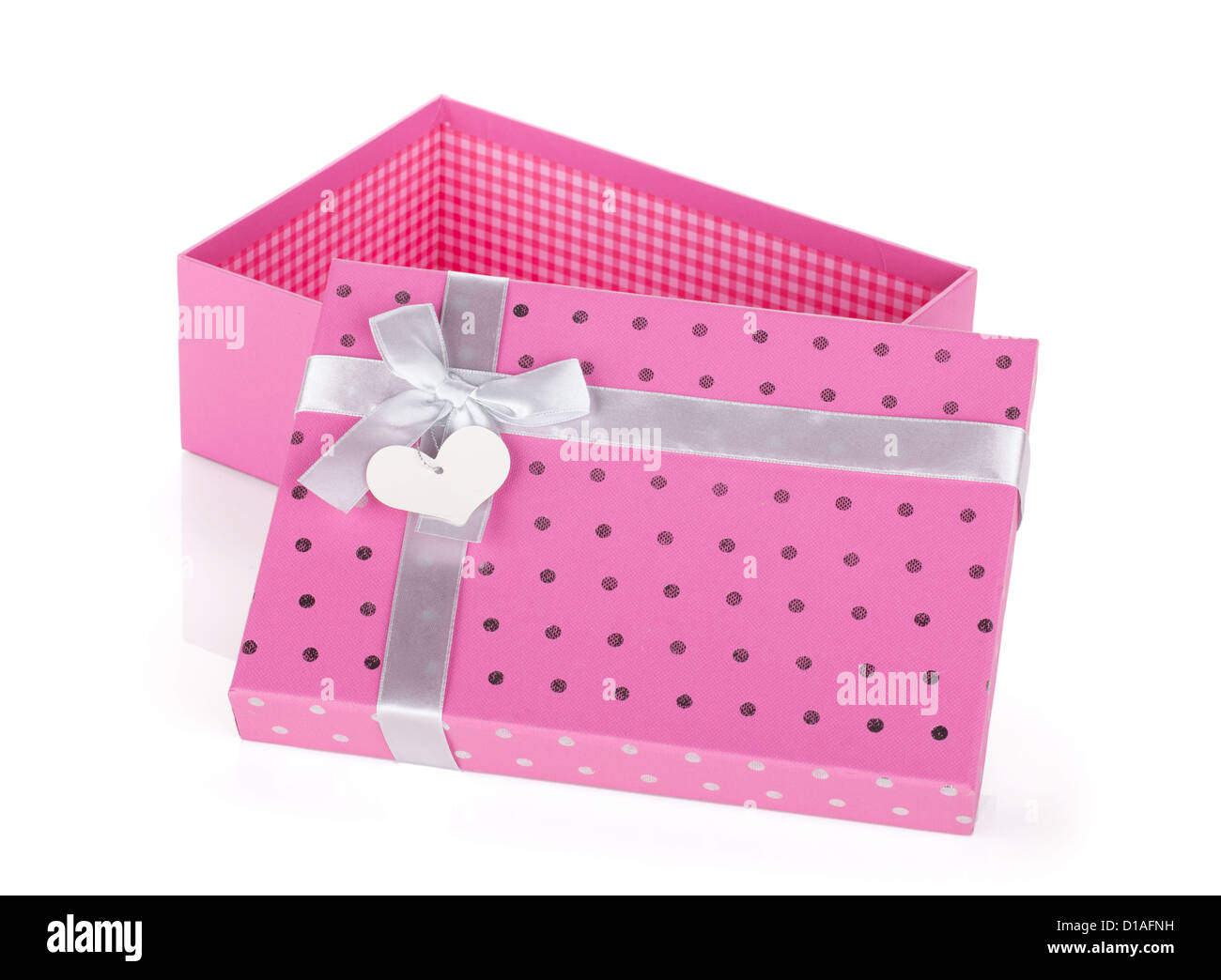 Opened pink gift box with ribbon and bow. Isolated on white background ...