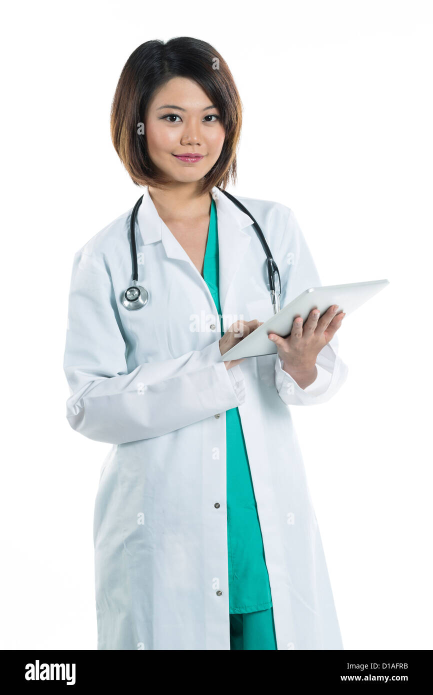 Portrait of a cute Female Chinese doctor wearing a green scrubs, lab ...