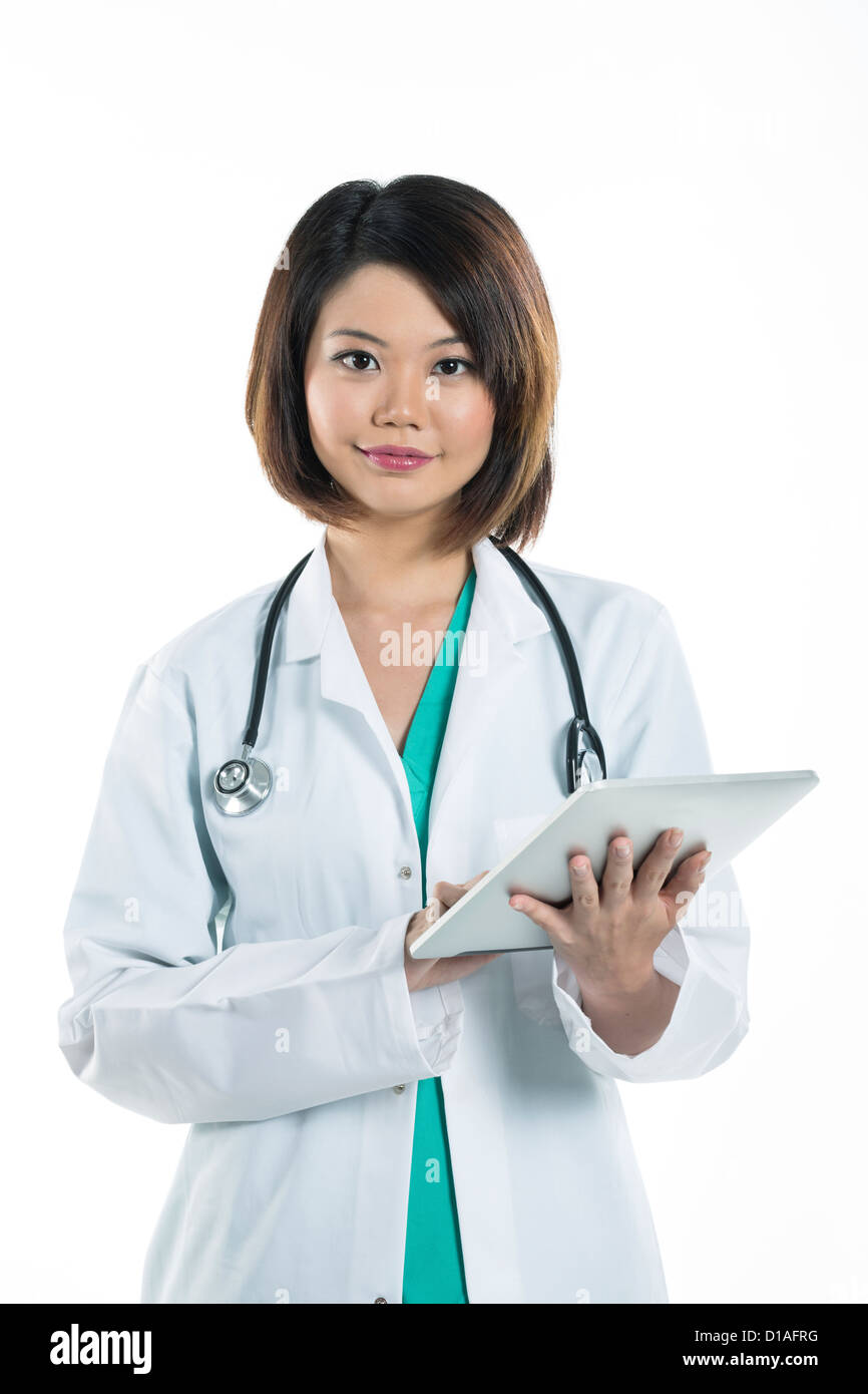 Portrait of a cute Female Chinese doctor wearing a green scrubs, lab ...