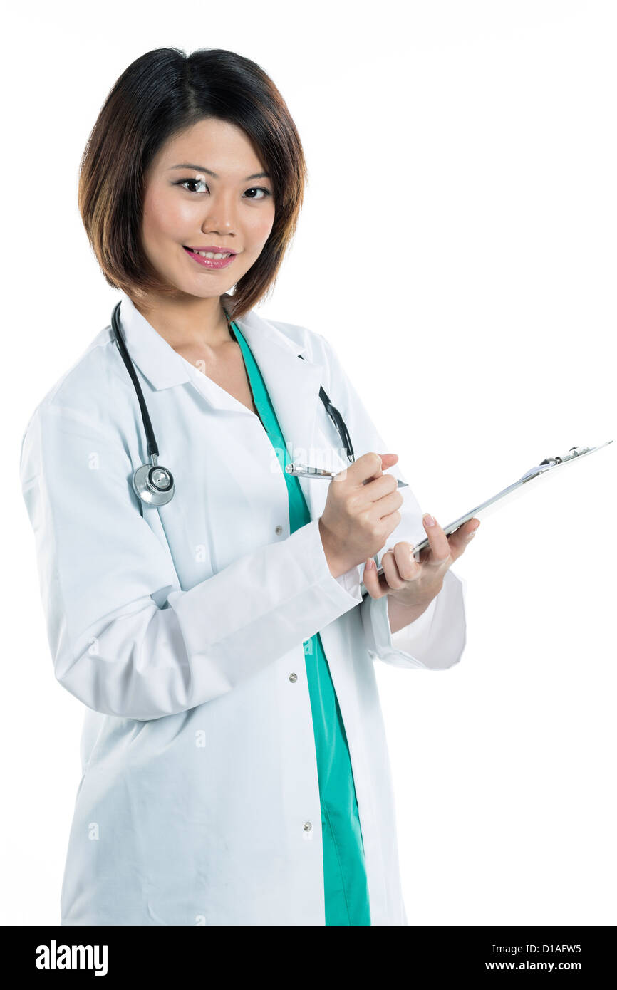 Portrait of a cute Female Chinese doctor wearing a green scrubs, lab ...