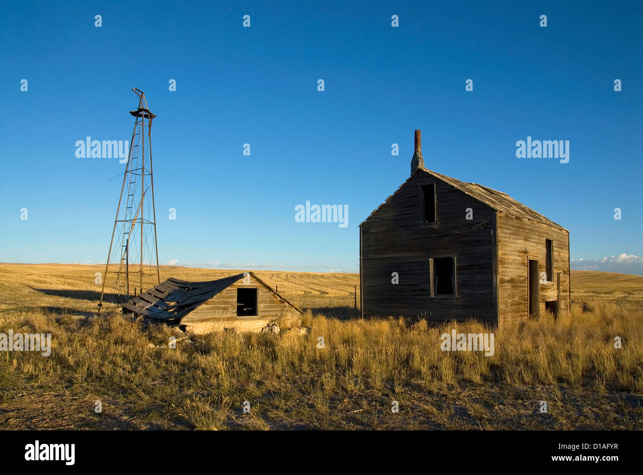 Windmill and buildings of an old abandoned homestead on the prairie of ...