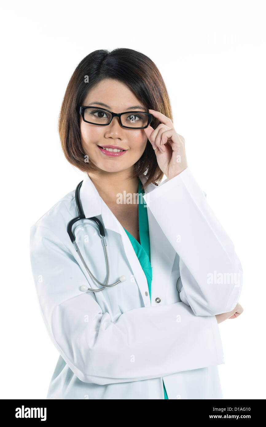 Portrait of a cute Female Chinese doctor wearing a medical clothing ...