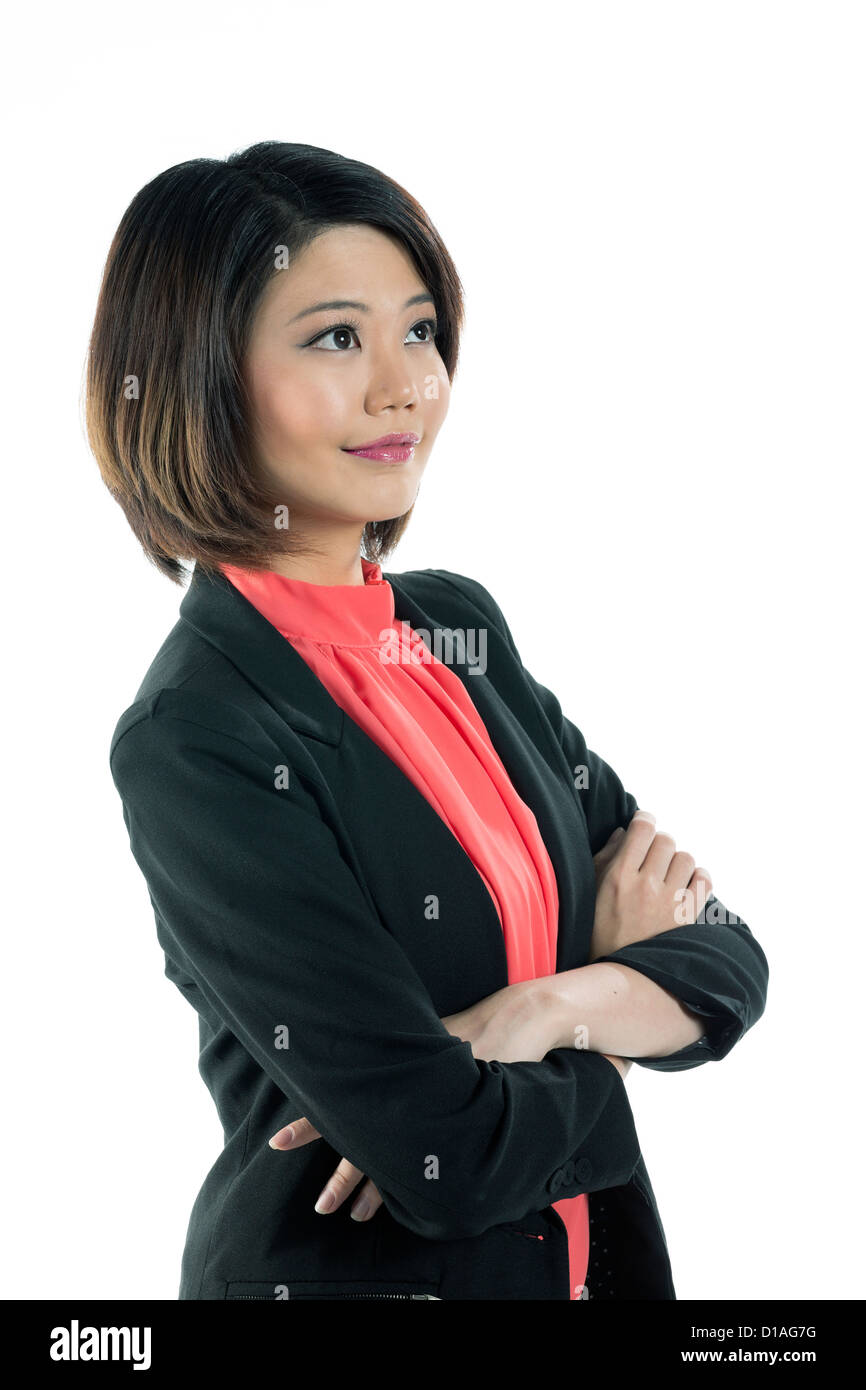 Woman looking up left smile hi-res stock photography and images - Alamy