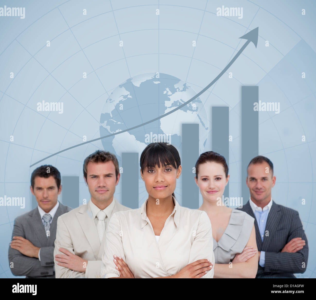 Business team smiling with a globe illustration Stock Photo - Alamy