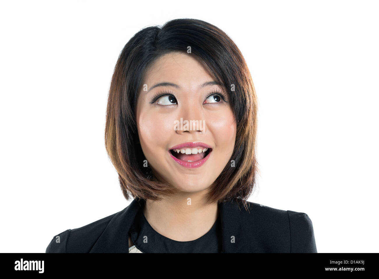Closeup portrait of a Cute Chinese woman looking up. Isolated on white ...