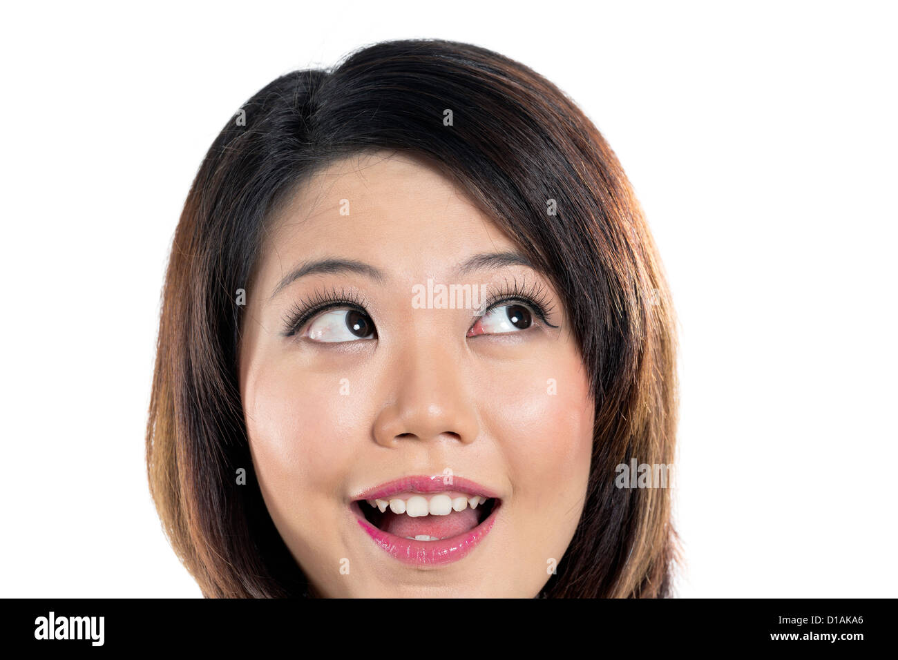 Closeup portrait of a Cute Chinese woman looking up. Isolated on white ...
