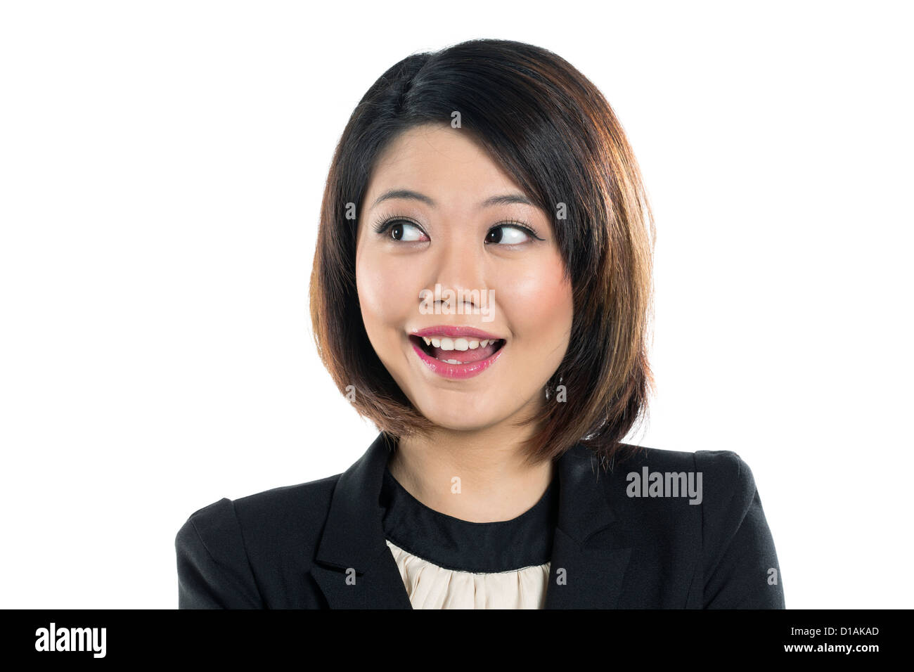 Closeup portrait of a Cute Chinese woman looking up. Isolated on white ...