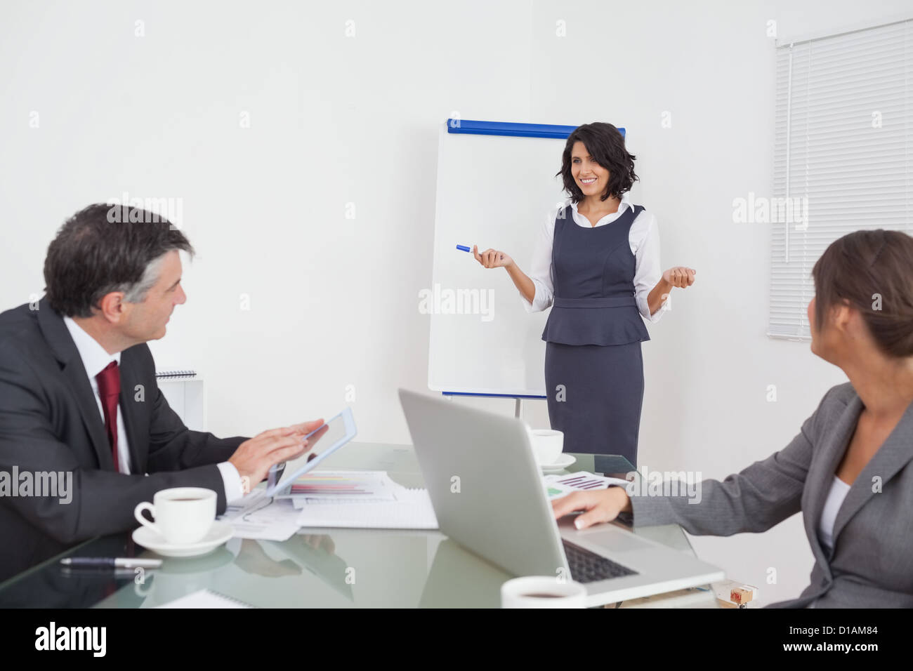 Businesswoman explaining documents male colleagues hi-res stock ...