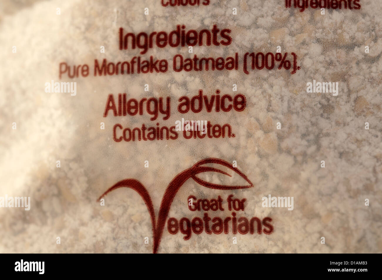 Product information of a packet of Mornflake oatmeal Stock Photo - Alamy