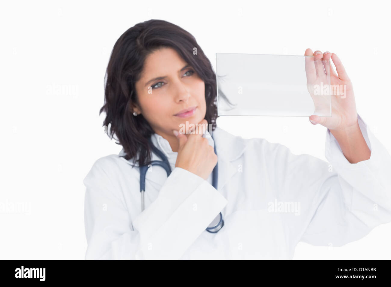 Woman holding touching blank screen Cut Out Stock Images & Pictures - Alamy