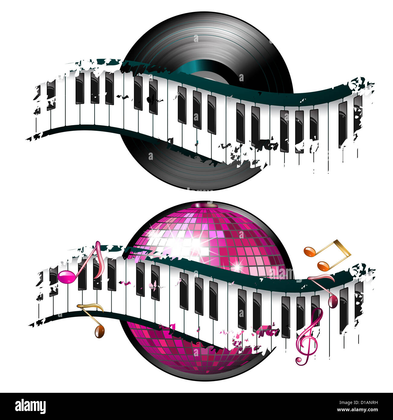 Vinyl record with disco ball and music notes Stock Photo - Alamy
