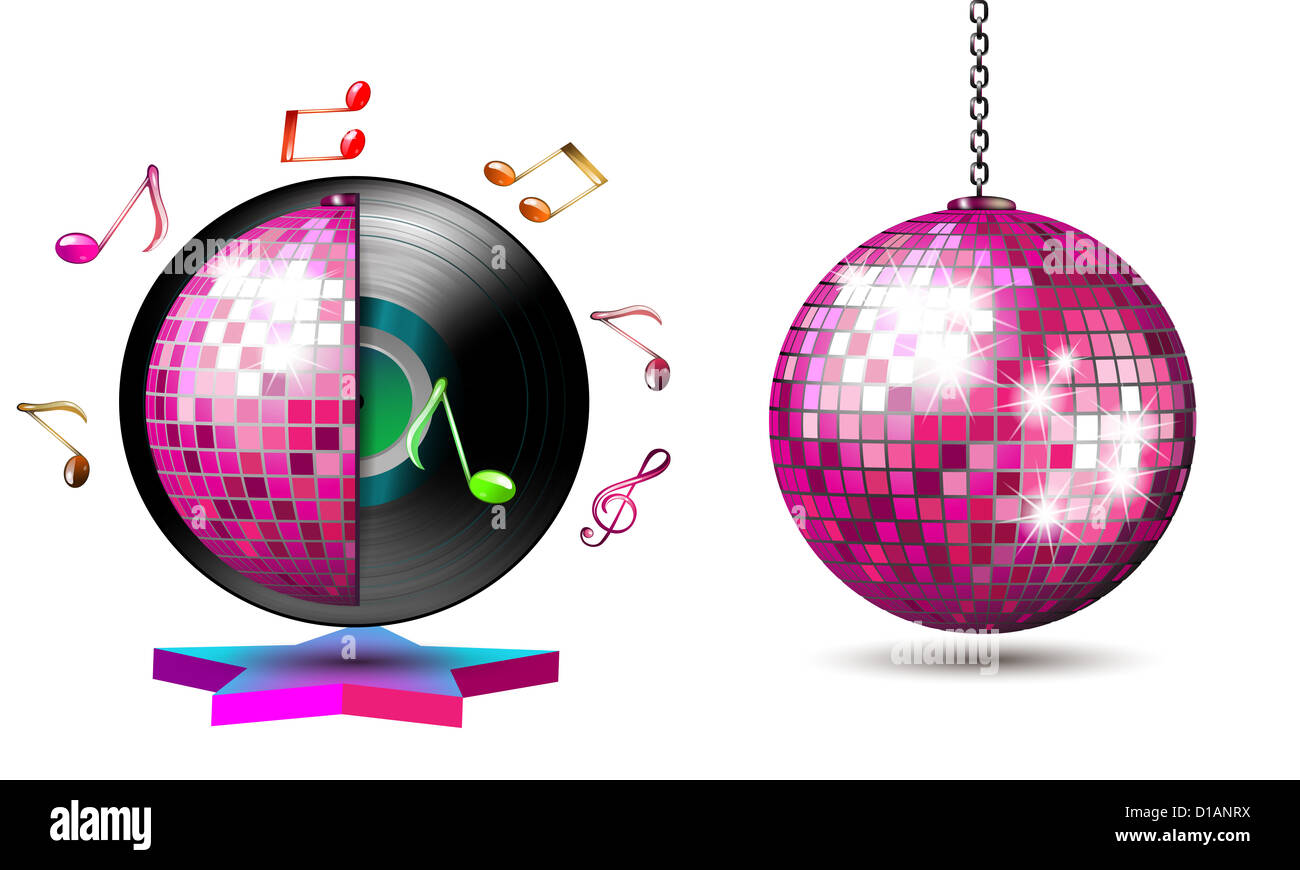 Vinyl record with disco ball and music notes Stock Photo - Alamy