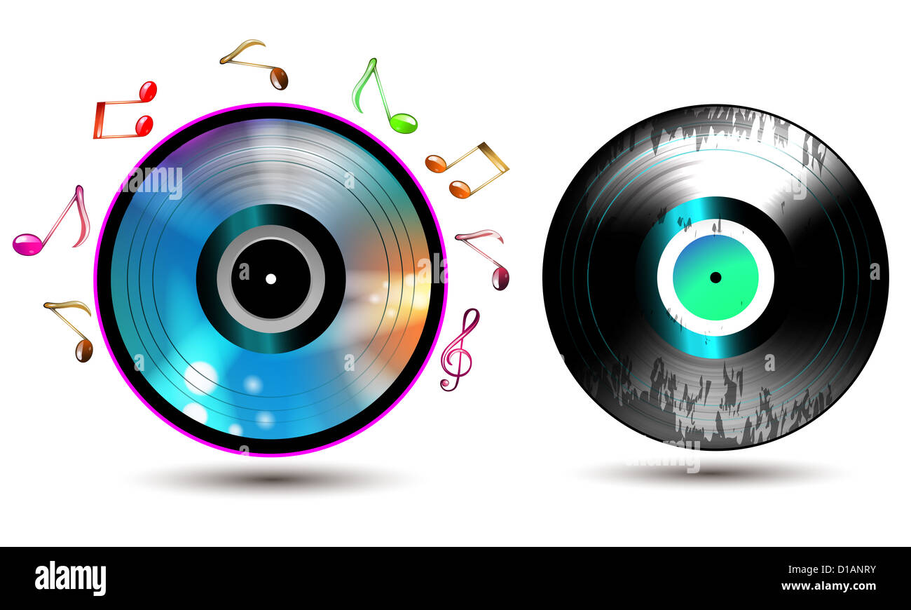 Vinyl record with CD and music notes Stock Photo - Alamy