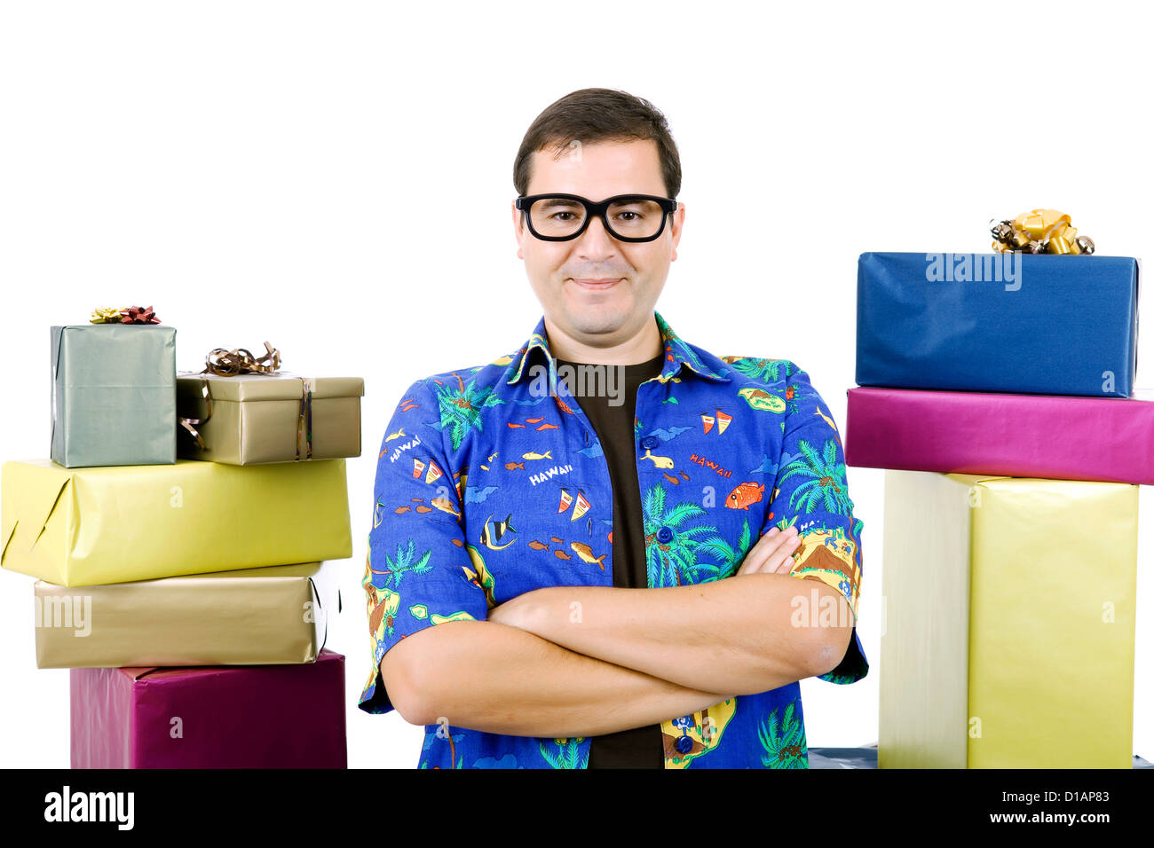 happy silly salesman with some boxes, isolated on white Stock Photo - Alamy