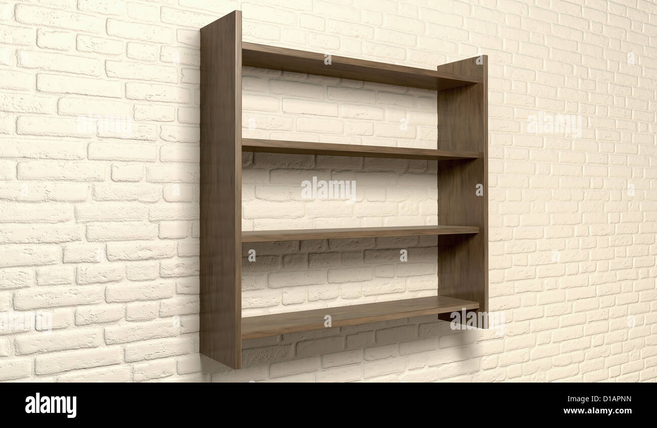 A perspective view of a regular cleared wooden shelving unit on an ...