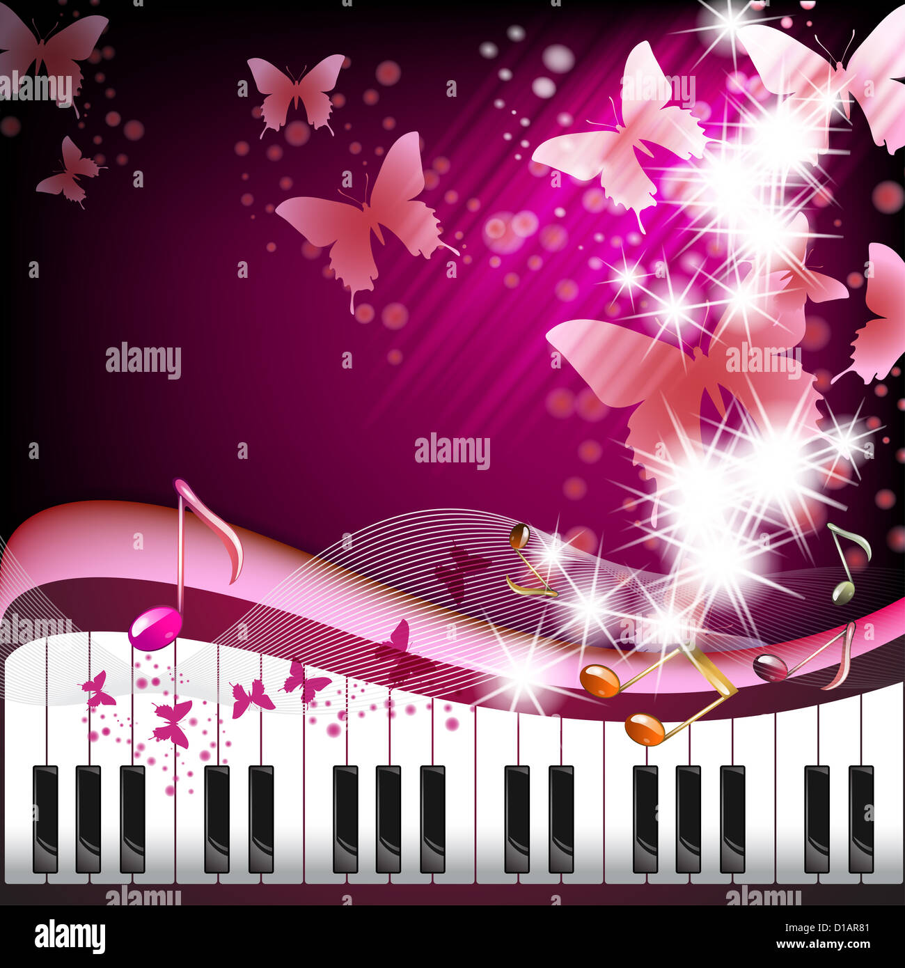 Piano keys with butterflies and stars Stock Photo - Alamy