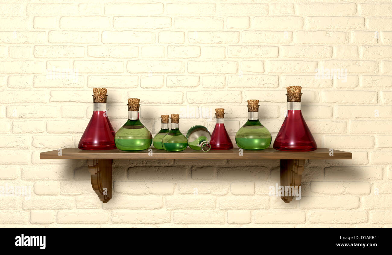 A front view of a collection of potion bottles on a wooden shelf ...