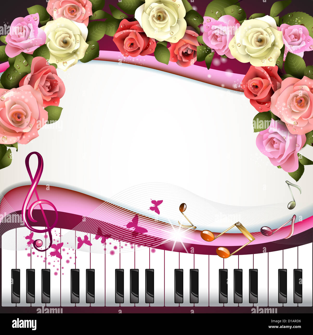 Piano keys with roses and butterflies Stock Photo - Alamy