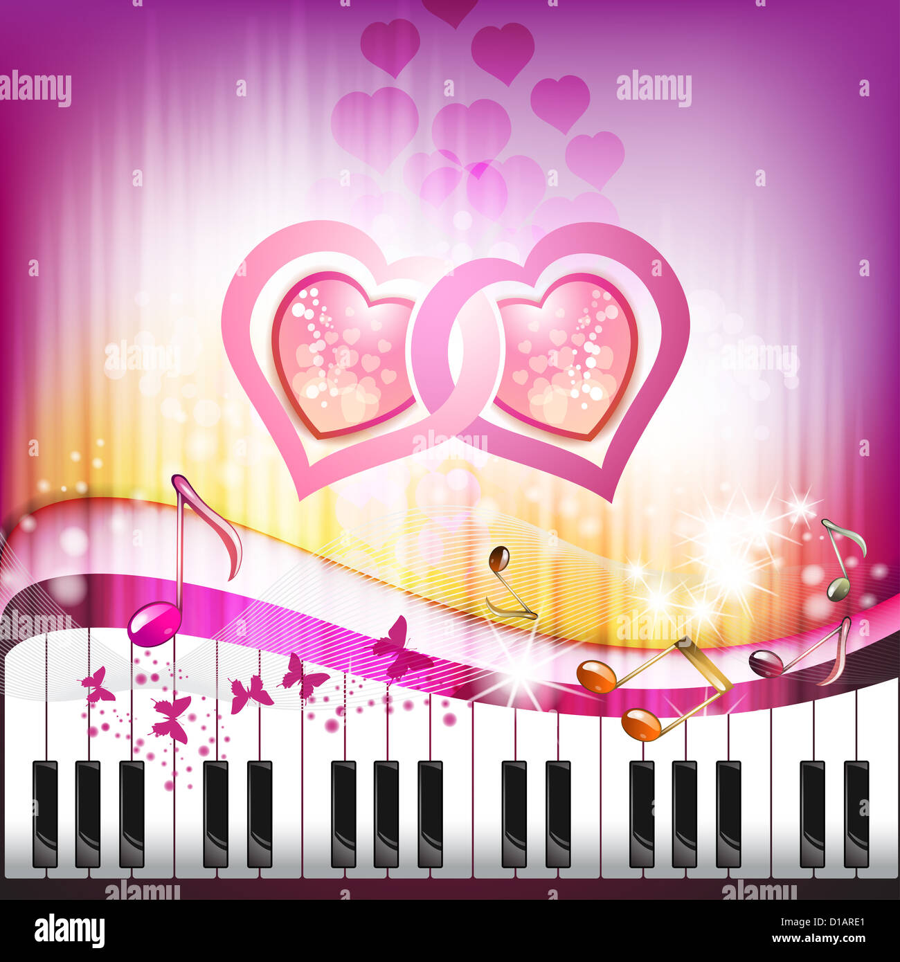 Piano keys with butterflies and hearts of love Stock Photo - Alamy
