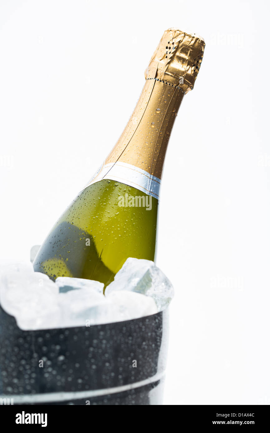 Champagne cooling in ice bucket Stock Photo - Alamy