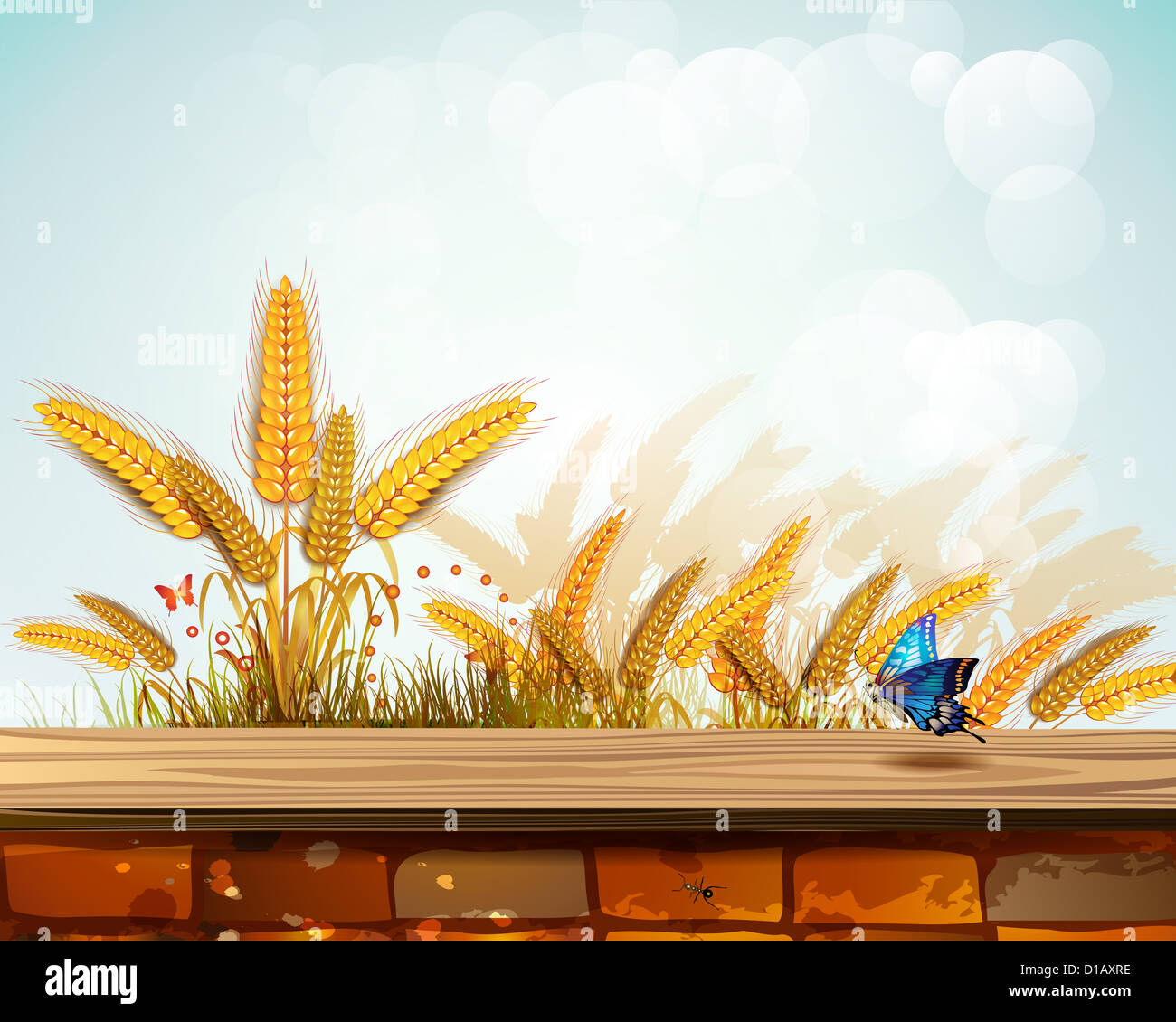 Landscape with brick wall and wheat Stock Photo - Alamy