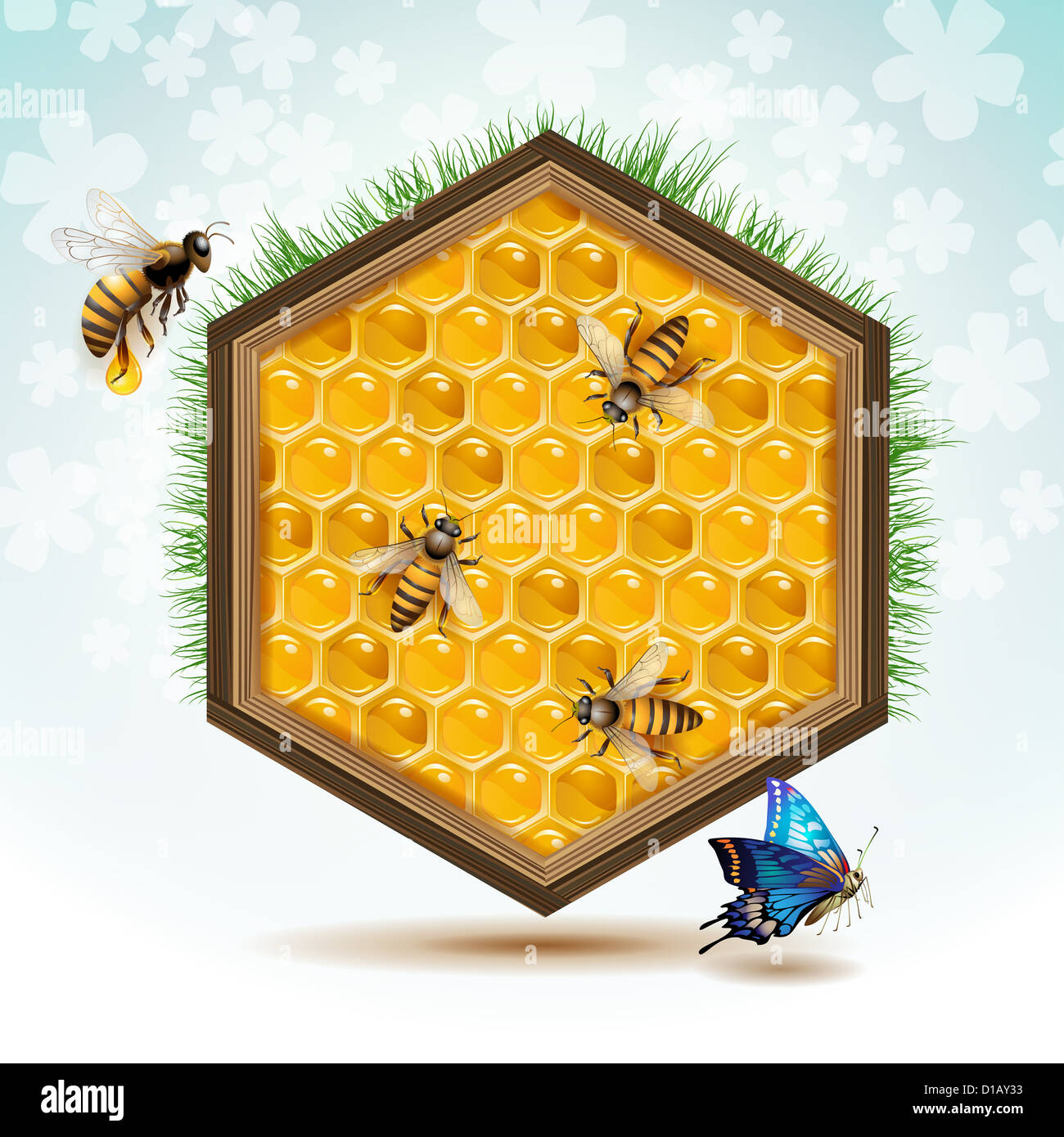 Wood frame with bees and honeycombs Stock Photo - Alamy