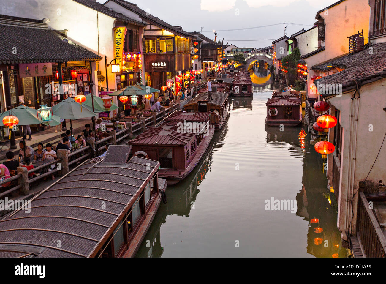 Boats wait for passengers along Shantang canal in Suzhou, China Stock ...