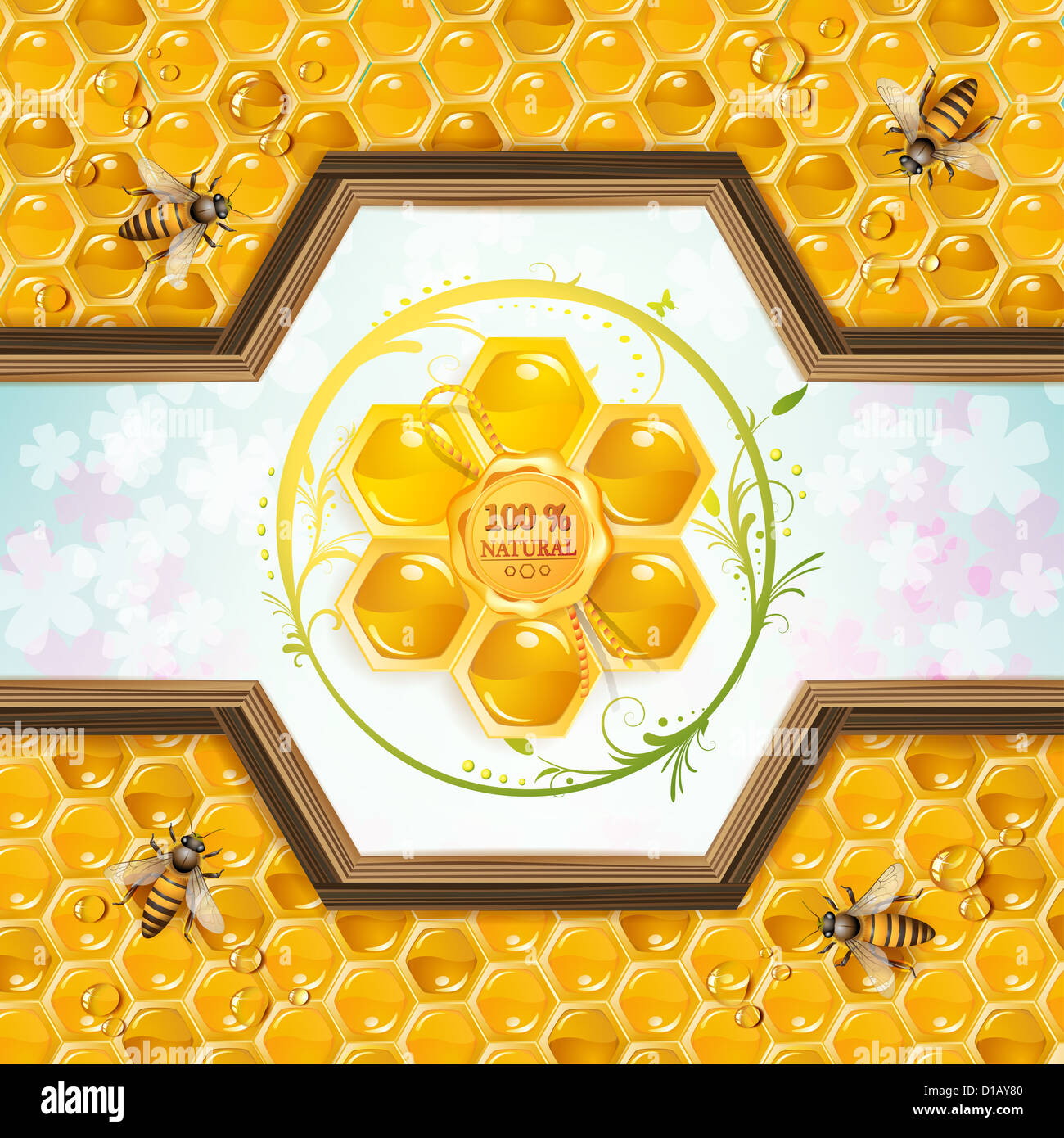Honey and bees over floral background Stock Photo - Alamy