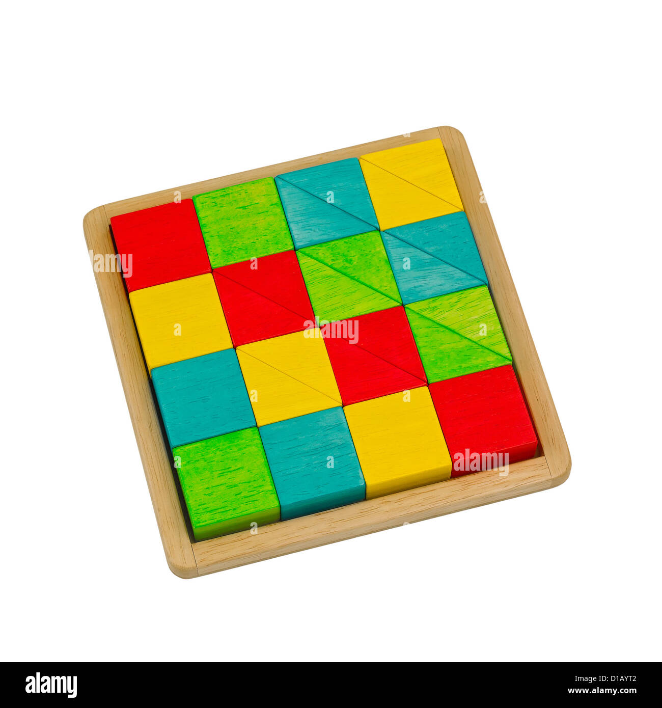 Colorful wooden toy blocks arranges in the tray and ready for kid to ...
