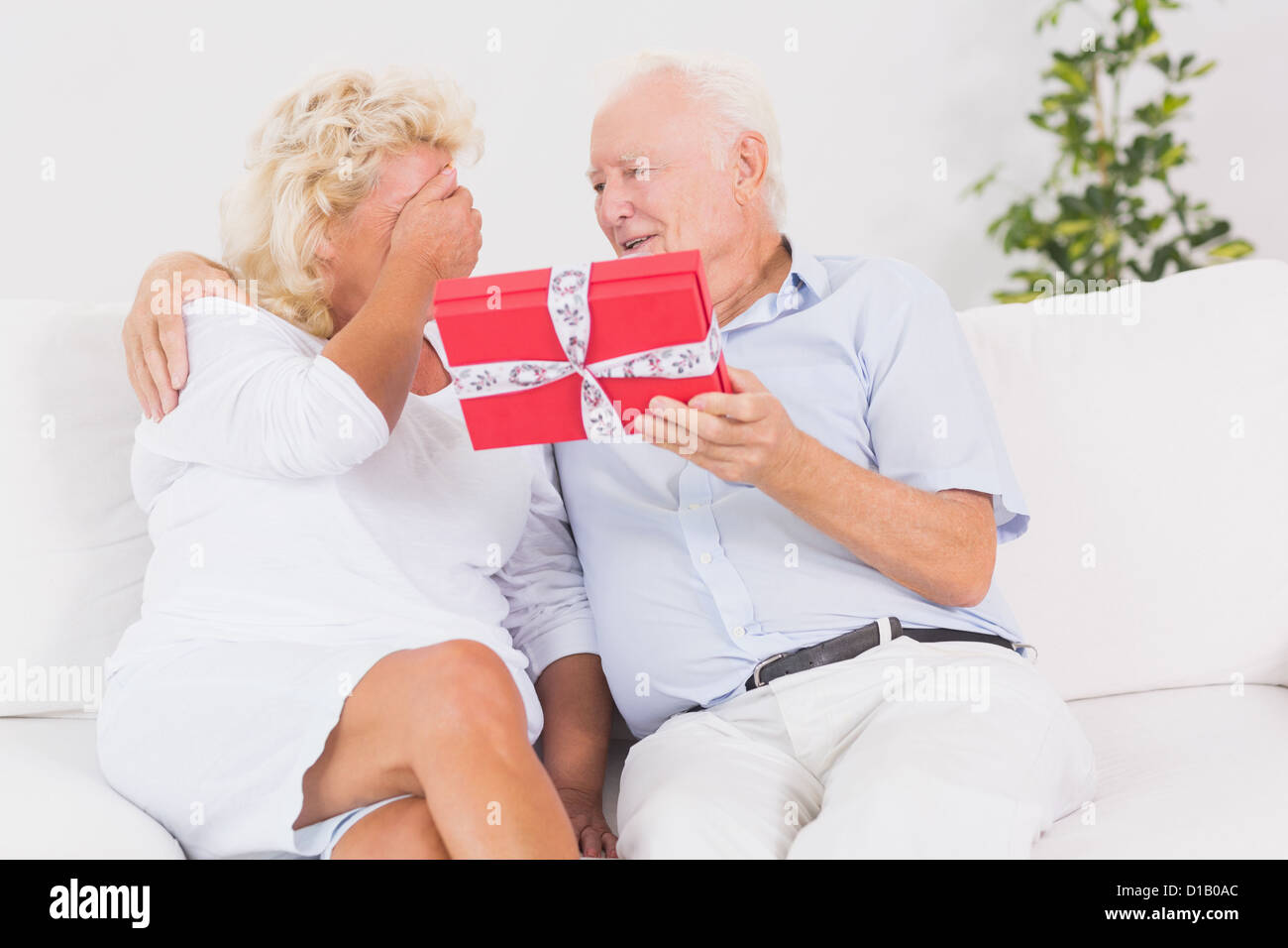 Old man offering a gift to the elderly woman Stock Photo - Alamy