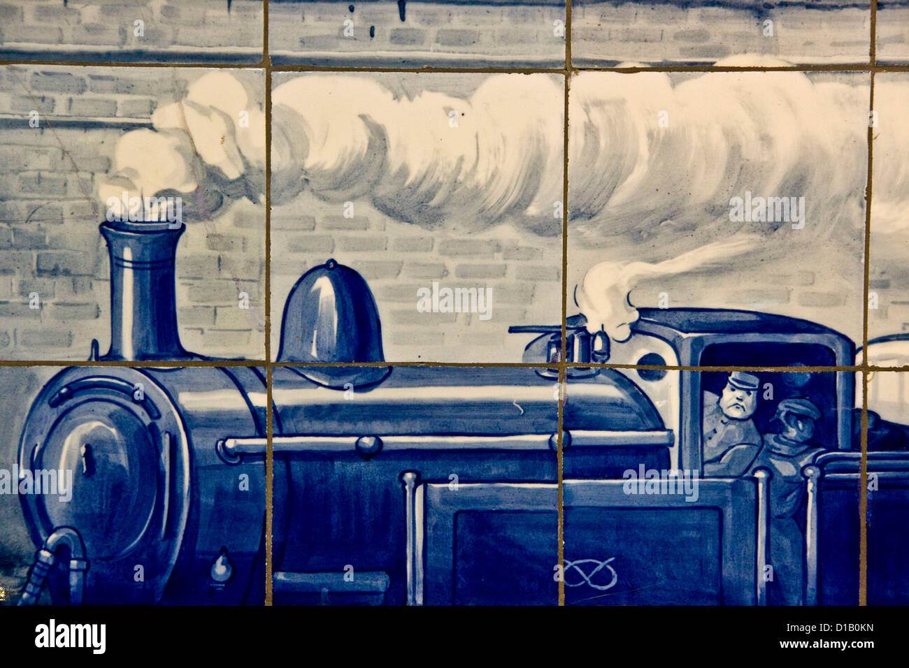 Ceramic tile picture of a steam engine and driver Stock Photo - Alamy