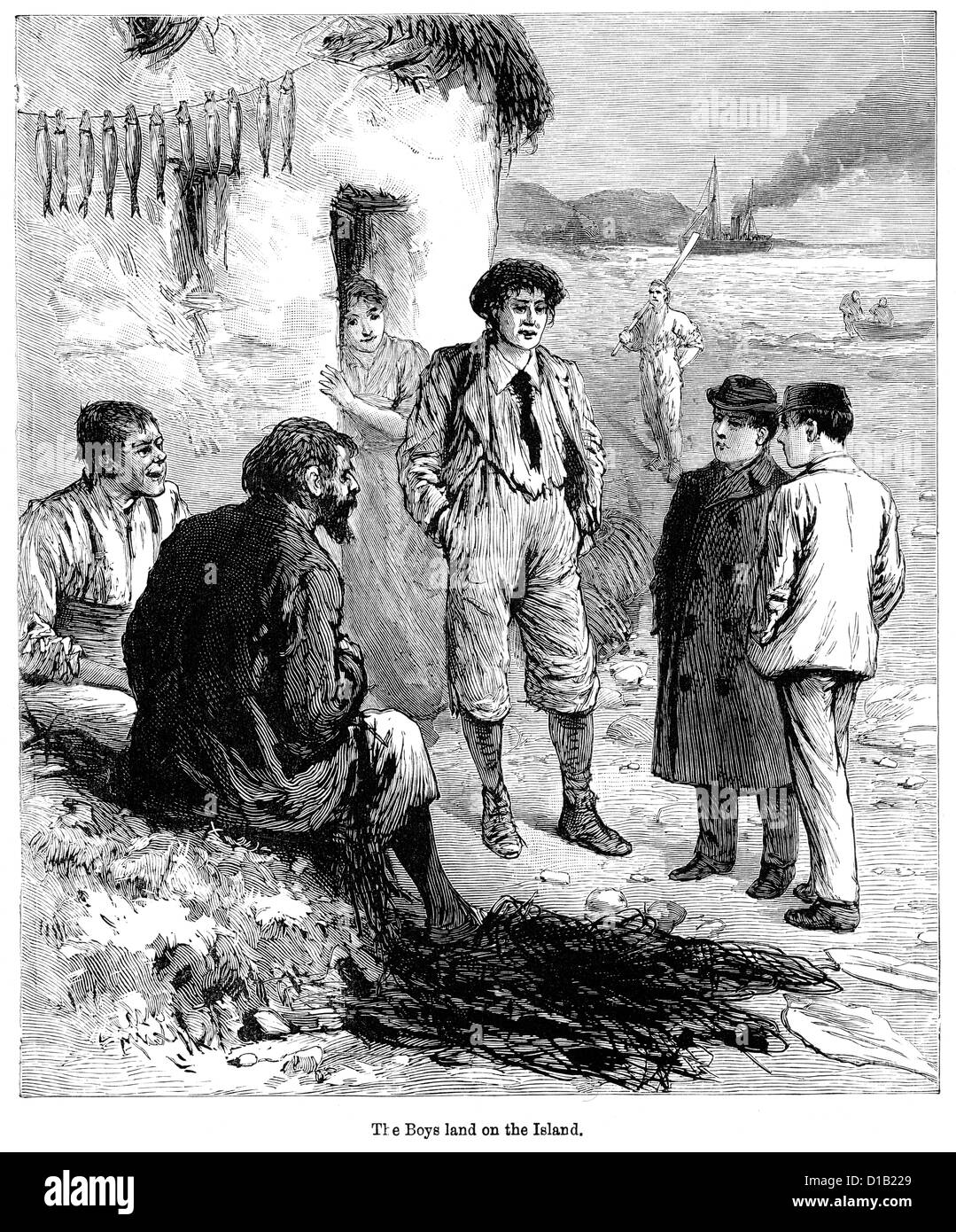 Victorian engraving of people talking to some fishermen, 1897 Stock ...