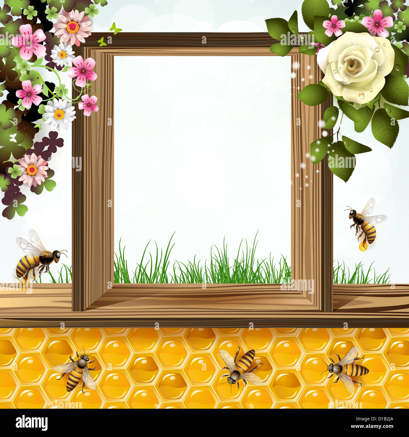 Window frame with flowers, bees and honeycombs Stock Photo - Alamy