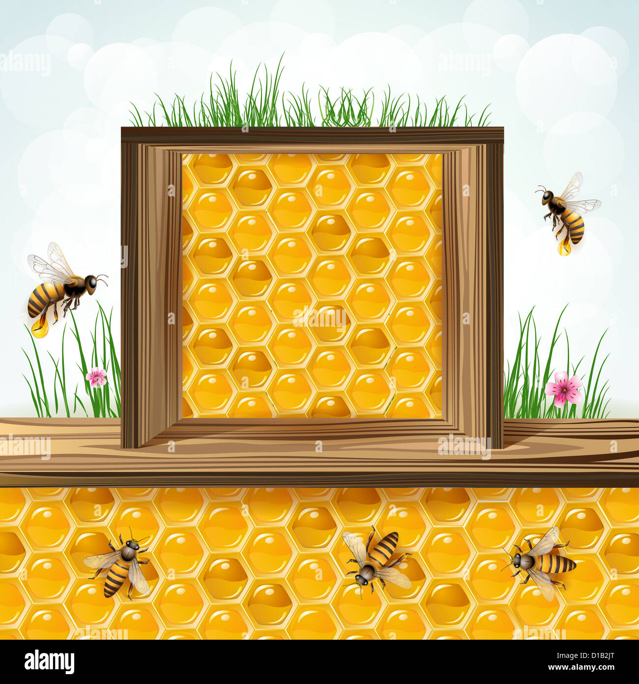 Frame with bees and honeycombs Stock Photo - Alamy