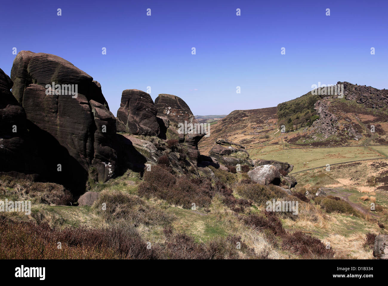 Spring view over rock formations at the Roaches Rocks, Staffordshire ...