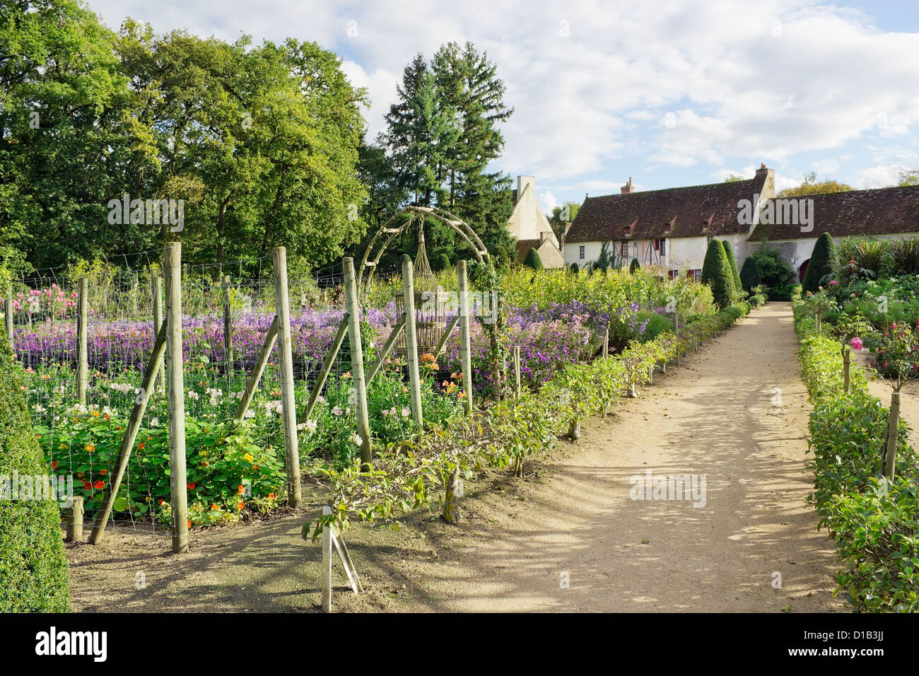Fine flowers and ornamental shrubs near an accurate old rustic rural ...