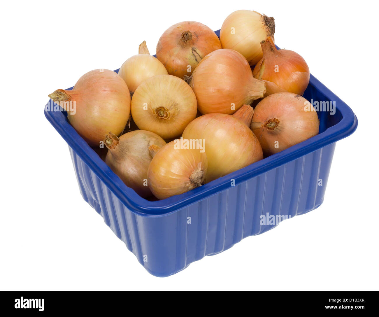 Yellow onion bulbs in blue plastic box isolated Stock Photo - Alamy