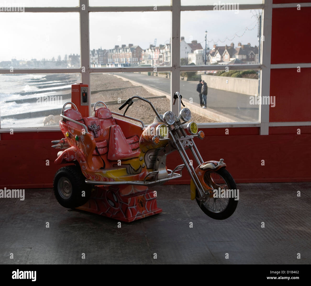 Amusement arcade ride winter seaside resort Felixstowe Suffolk England ...