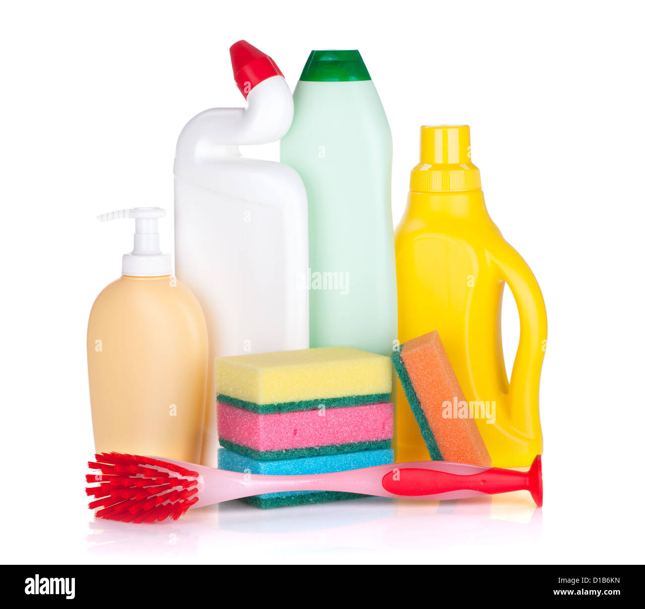 Plastic bottles of cleaning products, sponges and brush. Isolated on ...
