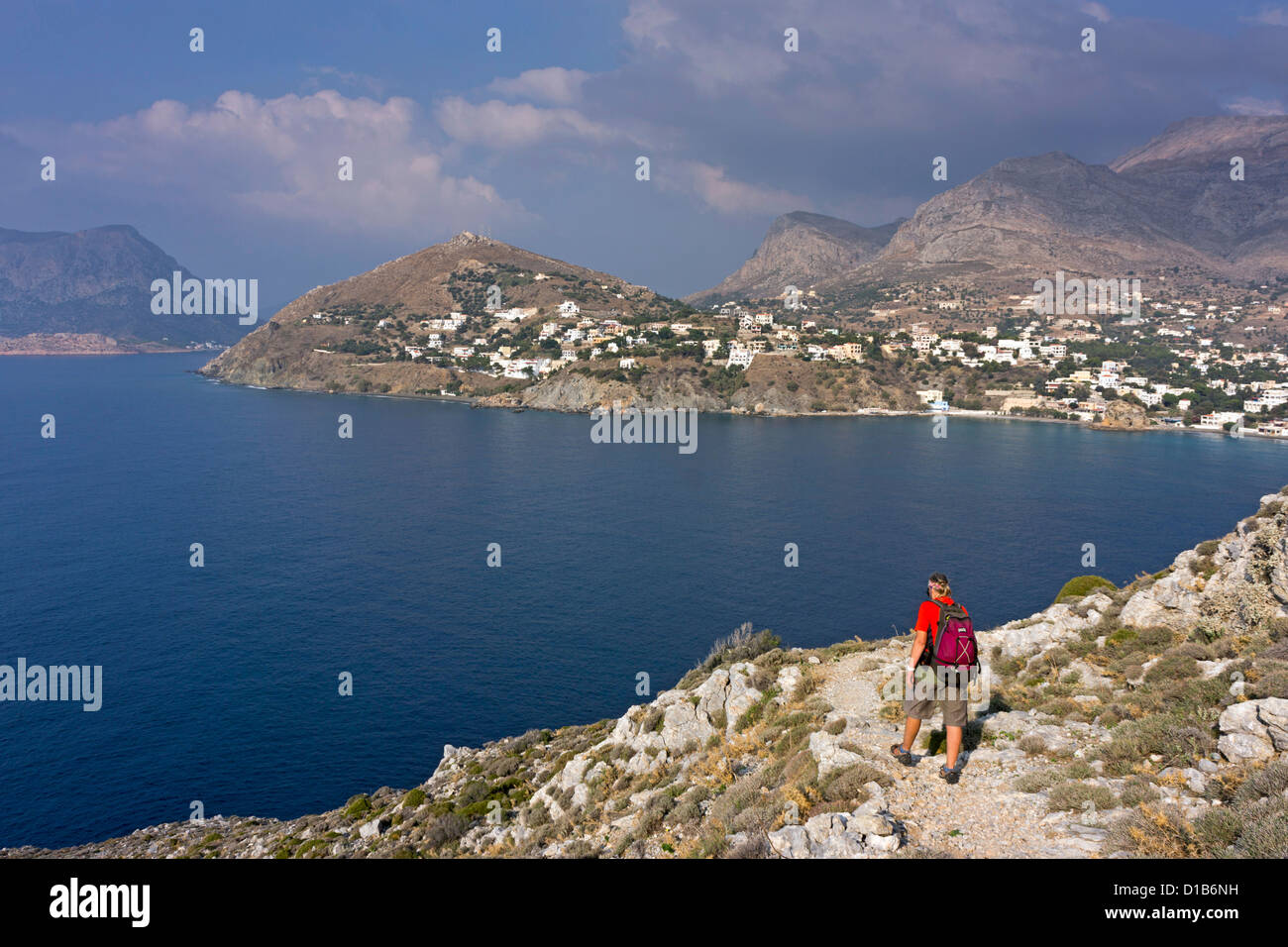 Female walker in red on seaside path, Kalymnos, Greece Stock Photo - Alamy