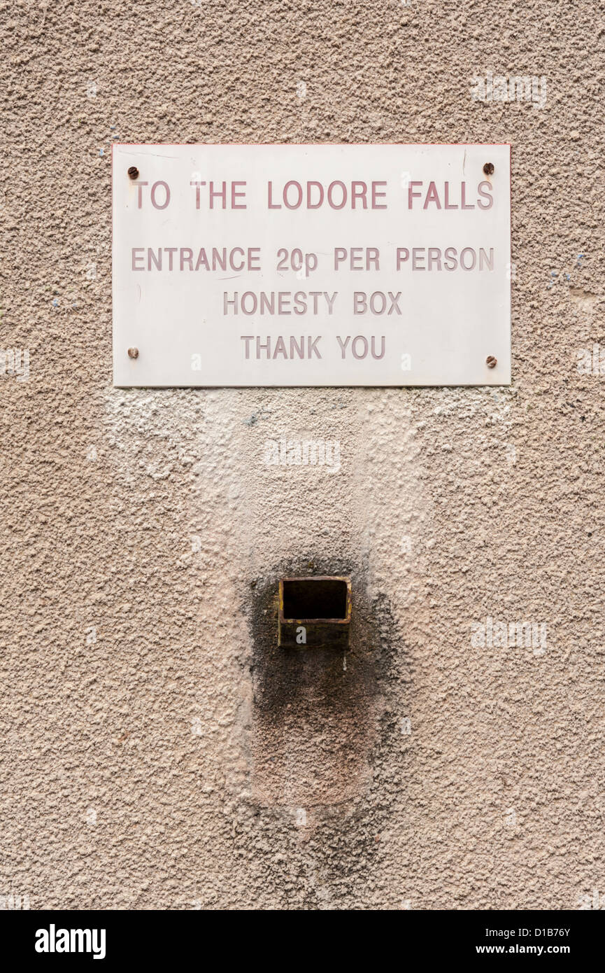 An honesty box money collection box at the entrance to the Lodore Water ...