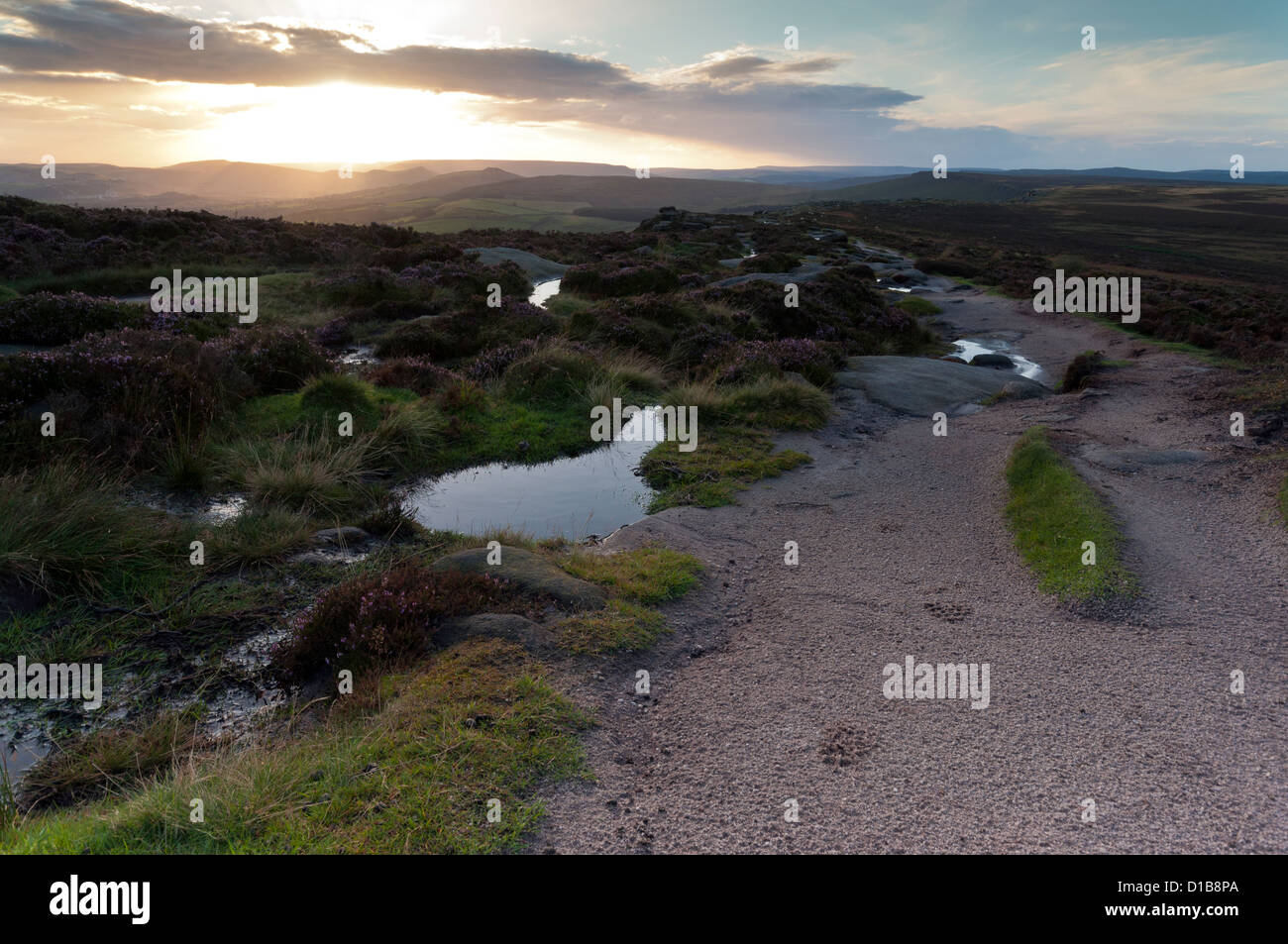 Sunset from Stanage Edge in the Peak District on a late summer's ...