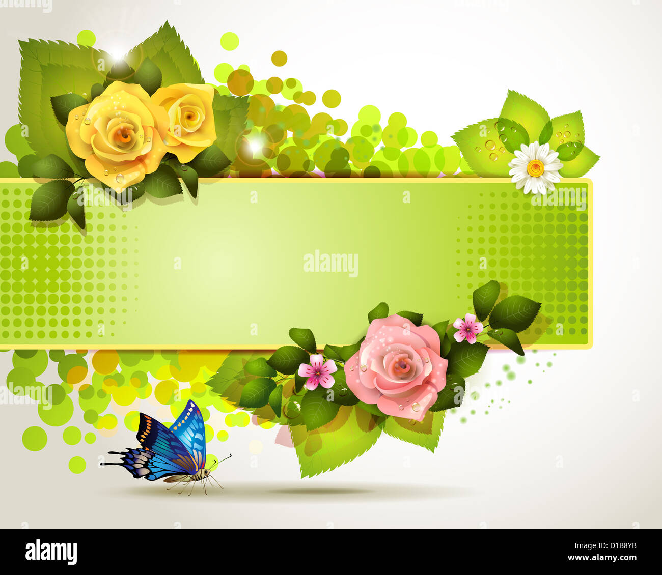 Banner design with leaf, flowers and butterfly Stock Photo - Alamy