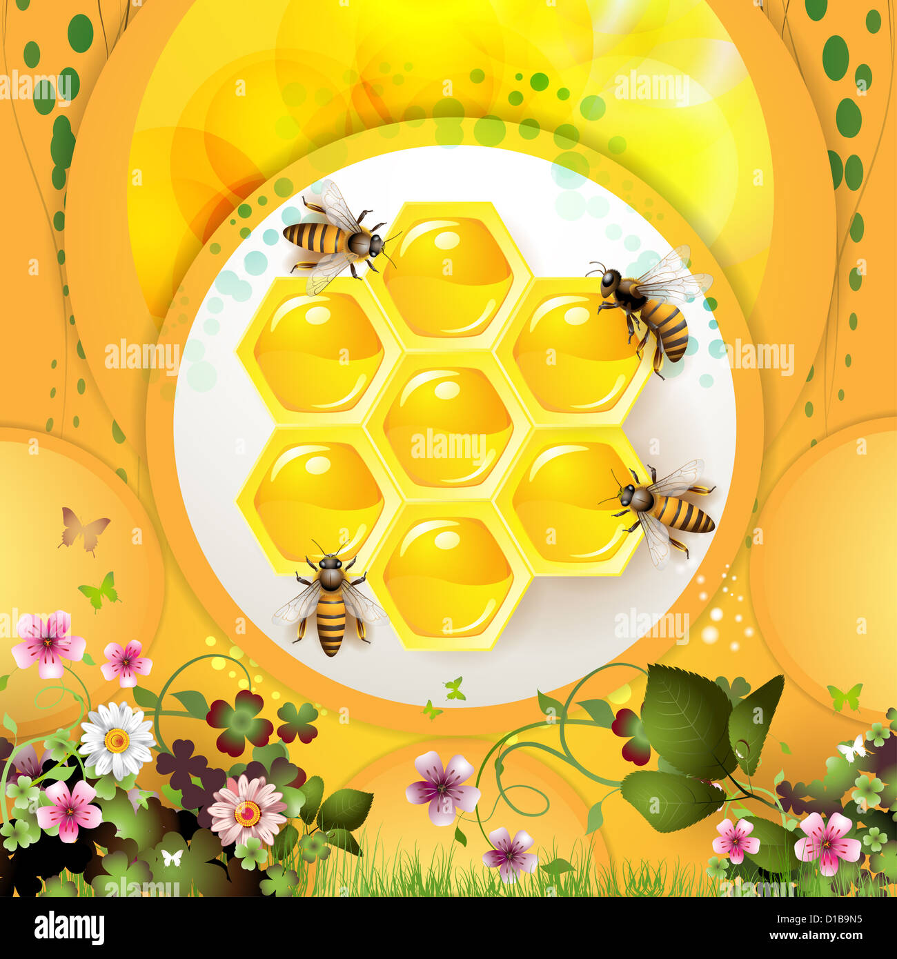 Bees and honeycomb over yellow background Stock Photo - Alamy