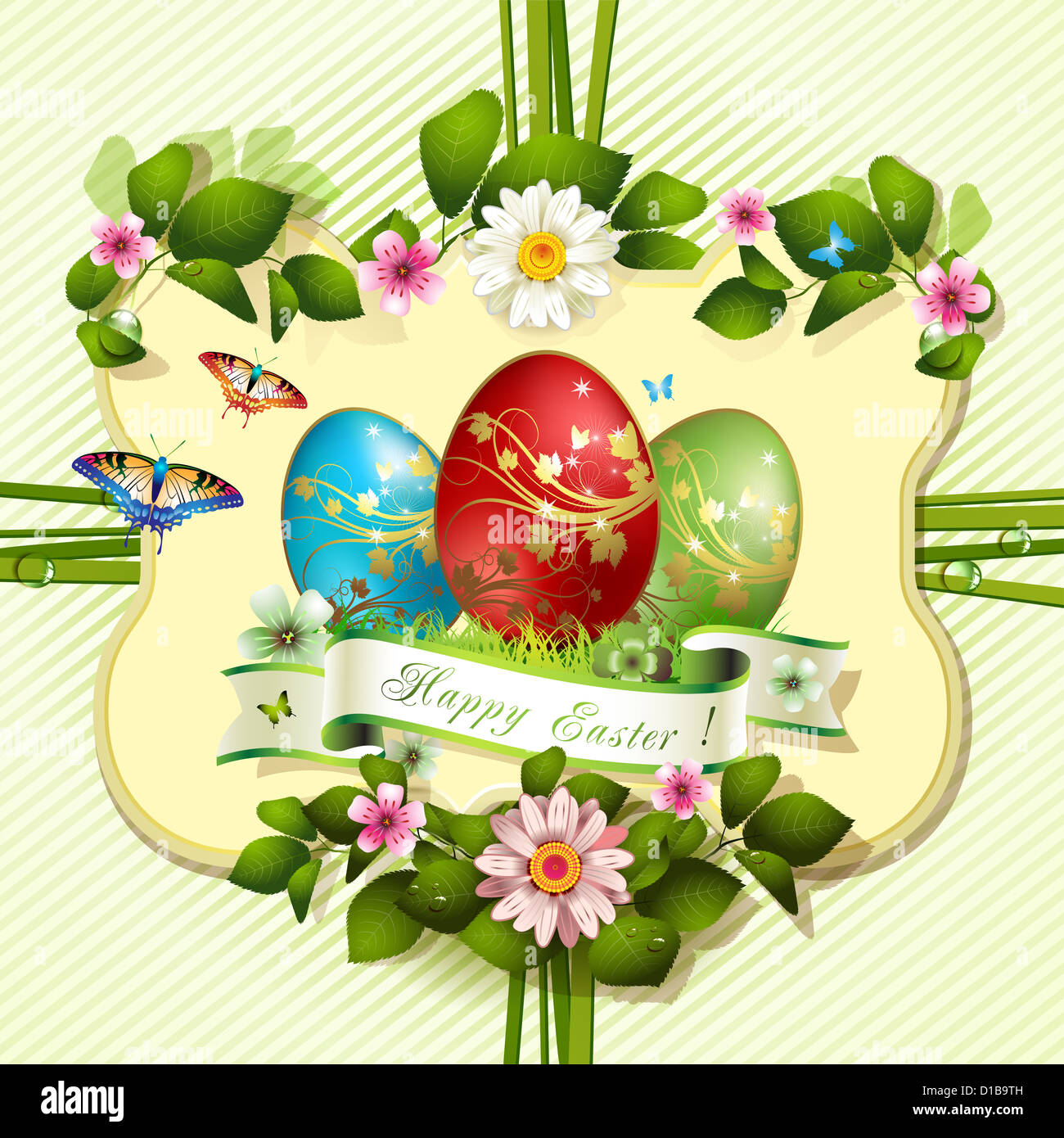 Easter card with butterflies and decorated eggs on grass Stock Photo ...