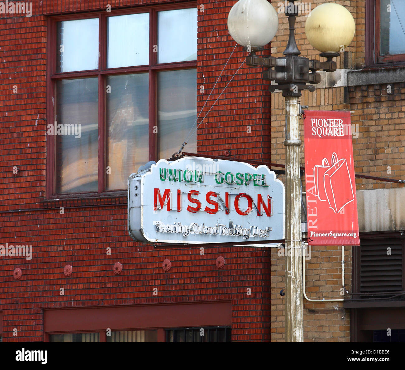 Neon Union Mission sign in Pioneer Square in Seattle Stock Photo - Alamy