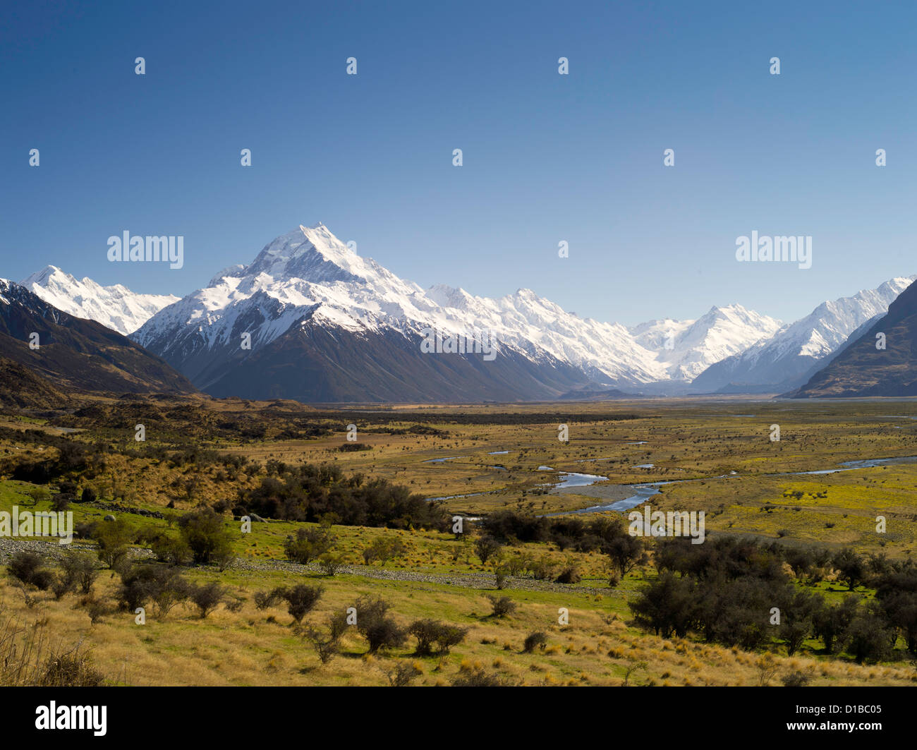View of the Tasman River valley flowing from the Southern Alps, with ...