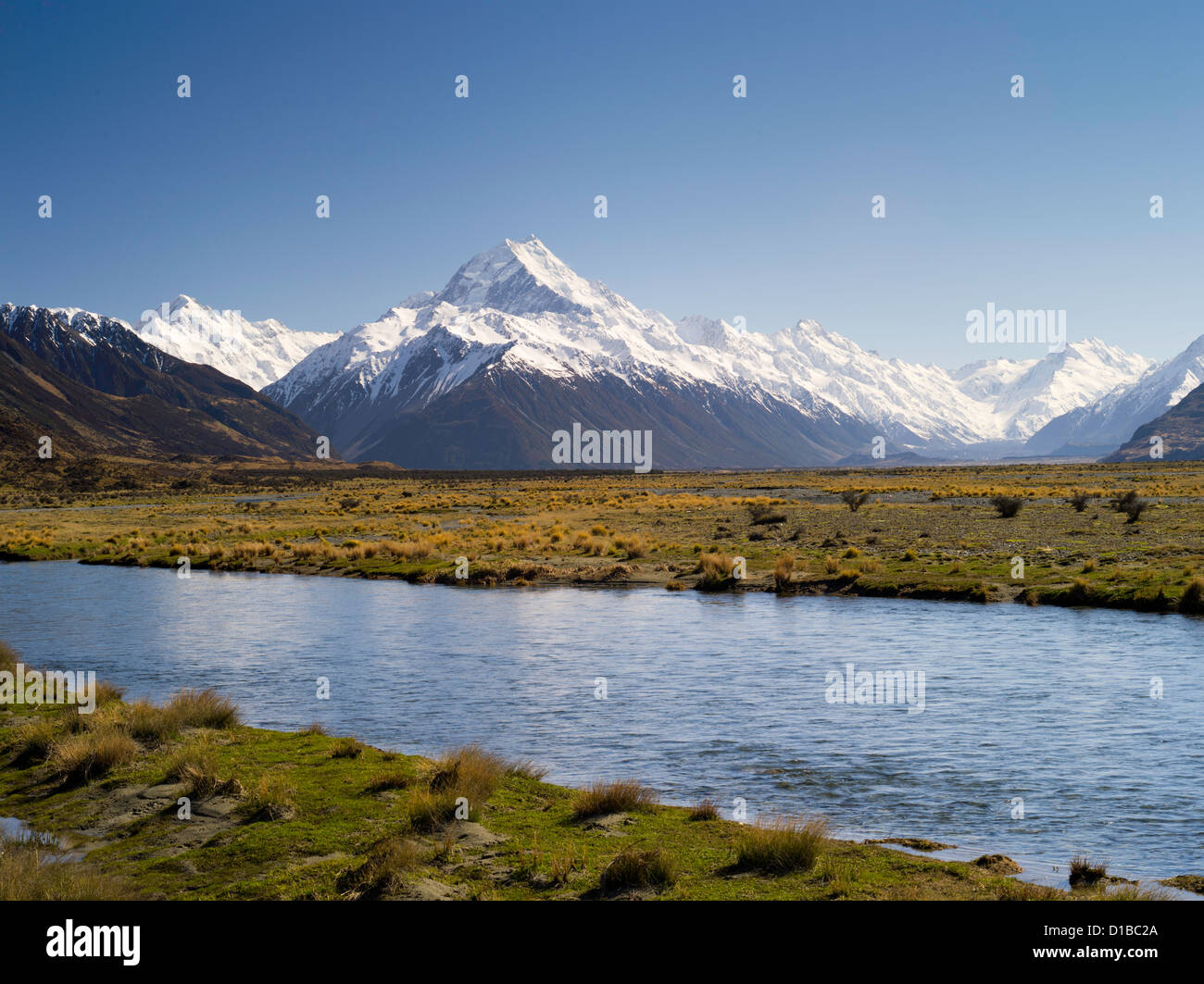 View of the Tasman River valley flowing from the Southern Alps, with ...