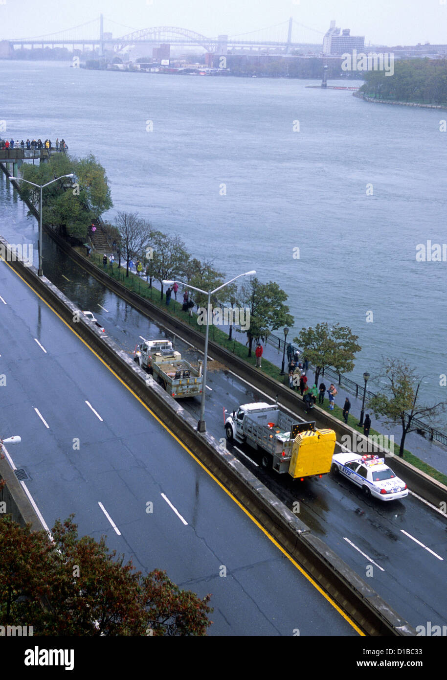 Aerial view of highway flood damage in Manhattan, New York City ...